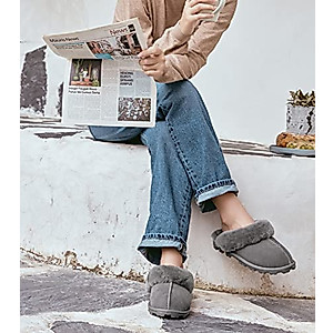WaySoft Genuine Australian Sheepskin Women Slippers, Water-Resistant Warm and Fluffy Outdoor House Slippers for Women (7, Grey, numeric_7)