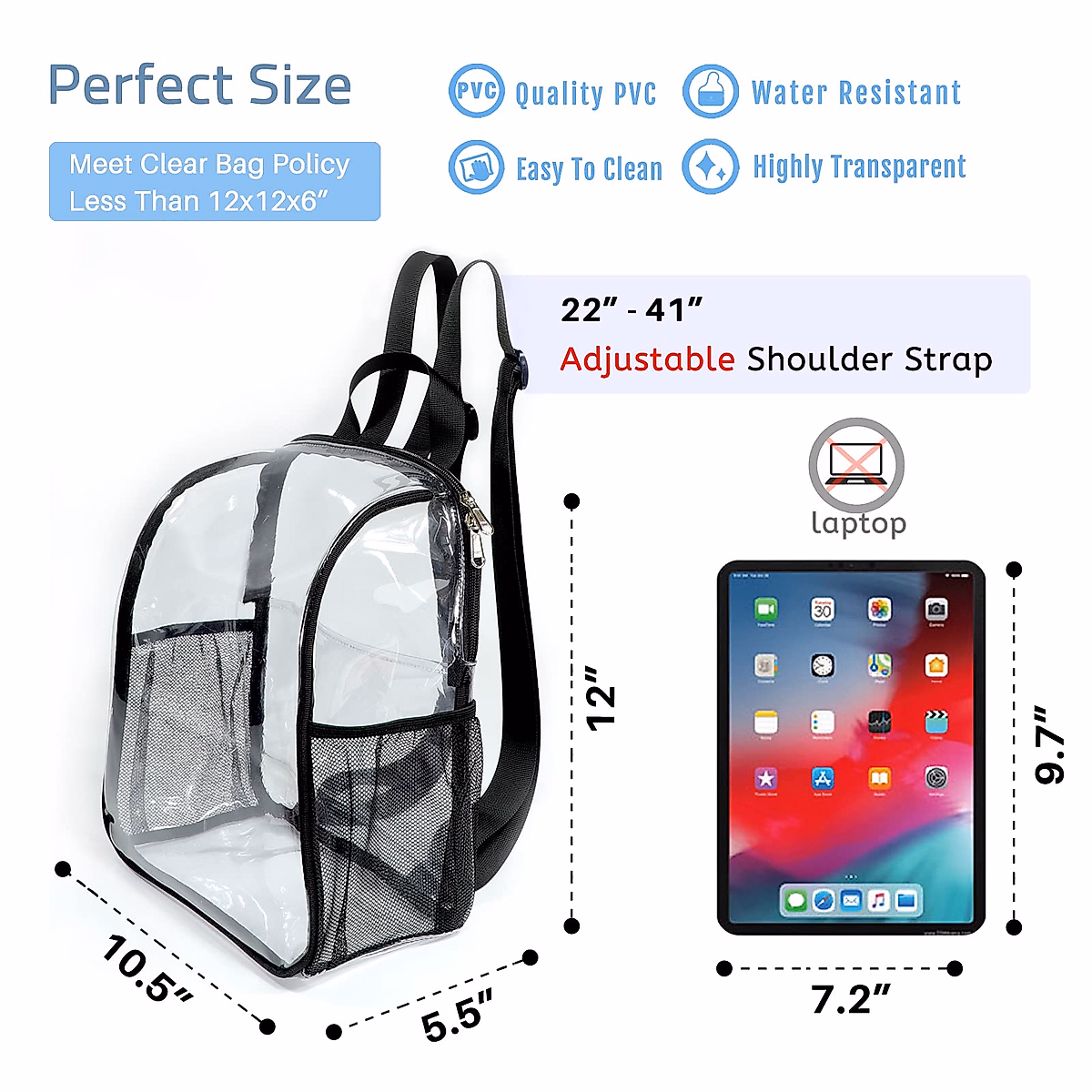 SPODEARS Small Clear Backpack Stadium Approved 12x12x6 PVC Plastic Transparent Backpack for School Work Festival Sports Events