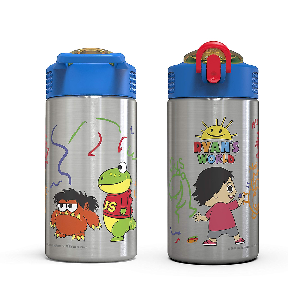 Zak Designs Ryan's World Ryan and friends 15.5 ounce Water Bottle BPA Free with One Hand Operation Action Lid and Built-in Carrying Loop, with Straw is Perfect for Kids