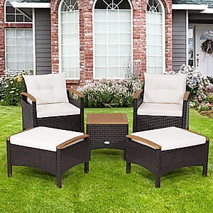 HAPPYGRILL 5 Pieces Patio Furniture Set Outdoor PE Wicker Lounge Chair and Ottoman Set with Cushions and Side Table with Acacia Wood Tabletop, Outdoor Conversation Set for Garden Poolside Backyard