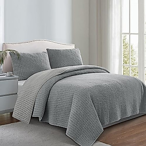 SHALALA Cotton Quilt Set King Size, Grey Bedding Set, Reversible Striped Geometric Pattern Bedspread and Coverlet - Poly Fill-Lightweight Soft Wrinkle, Fade, &Stain Resistant(Gray)