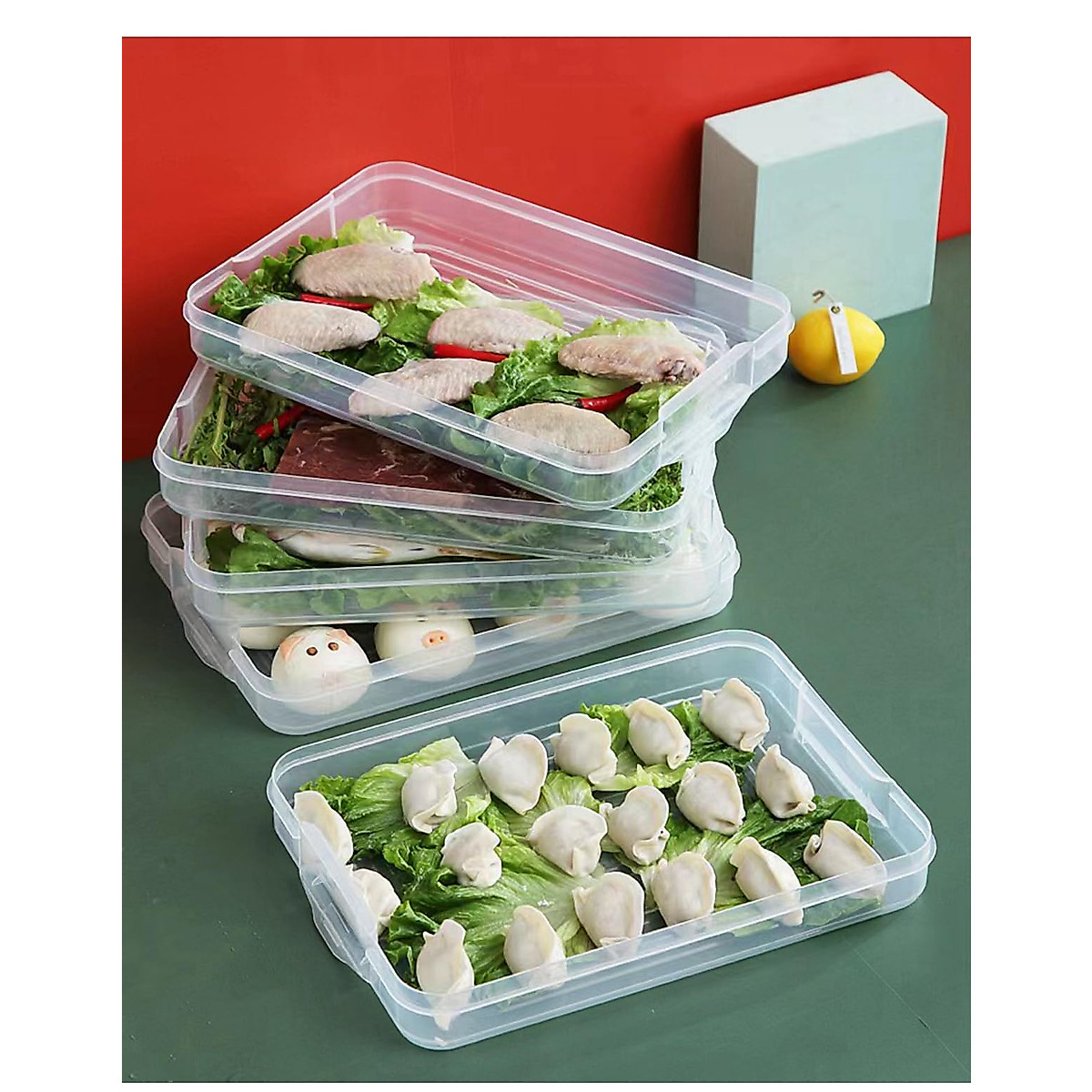 TIAN CHEN Food Refrigerator Storage Containers with 2 Lids, 4 Layer, Stackable Handheld Carrier for Snack, Cookie, Meat, Bacon, Charcuterie, BPA Free (Transparent 4 tier)