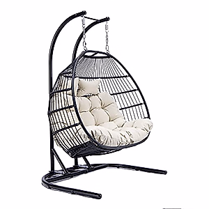 LeisureMod Wicker 2 Person Double Folding Hanging Egg Swing Chair (Beige)