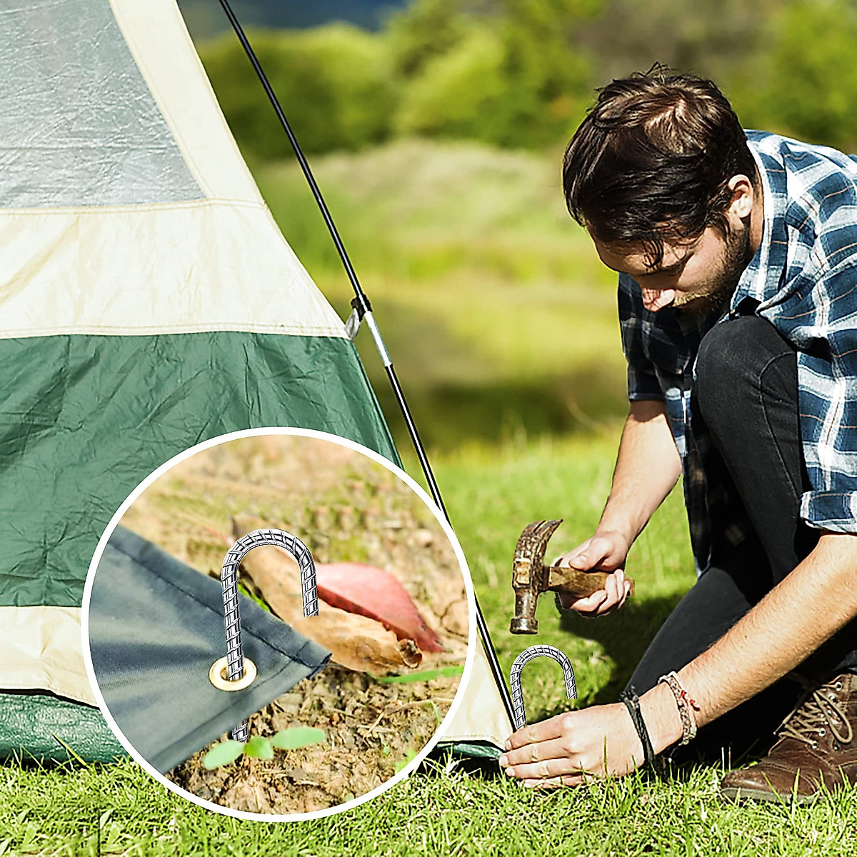 Rebar-Stakes-12-Inch-Galvanized, J Hook Rebar Stakes 6 Pack Ground Anchors Tent Stakes Heavy Duty for Plants Anti-Rust Landscape Fabric Stakes Artificial Turf