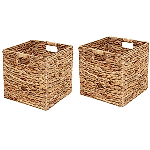 Wicker Storage Basket Water Hyacinth Woven Basket Wicker Storage Cubes,Foldable Baskets for Shelves,Handwoven Laundry Totes for Bedroom,12x12x12inch,Set of 2