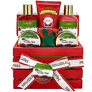 Bath and Body Christmas Gift Basket For Women and Men – Cherry Twinkle Bell Home Spa Set, Includes Fragrant Body Lotions, Bath Salts, Stocking Stuffer, Loofah Scrubber and More