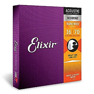 Elixir Strings, Acoustic Guitar Strings, 80/20 Bronze with NANOWEB Coating, Longest-Lasting Bright and Focused Tone with Comfortable Feel, 8-String Baritone 16-70