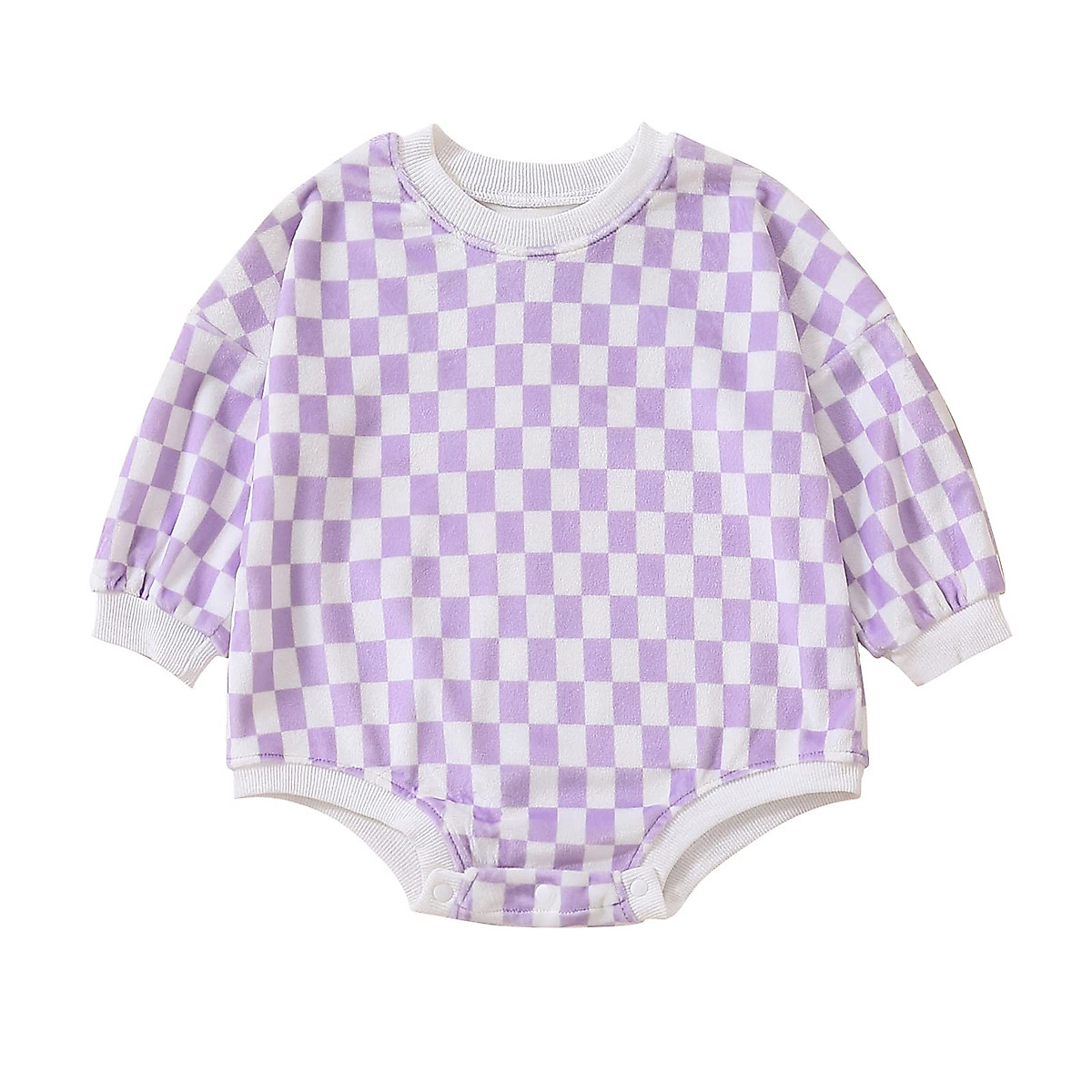 Kayotuas Baby Neutral Clothes Checkerboard Crewneck Sweatshirt Romper Oversized Long Sleeve Plaid Bubble Bodysuit (Purple,6-12 Months)