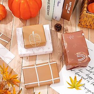 Whaline 12 Sheet Boho Fall Wrapping Paper 6 Style Maple leaf Stripes Pattern Packaging Paper Folded Flat DIY Art Craft Paper for Autumn Holiday Birthday Wedding Baby Shower, 19.7 x 27.6 Inch