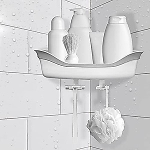 SlipX Solutions Corner Shower Basket Caddy, Storage Organizer, Adjustable Power Lock Suction Cups, 2 Hooks, Holds up to 22 Pounds (White)