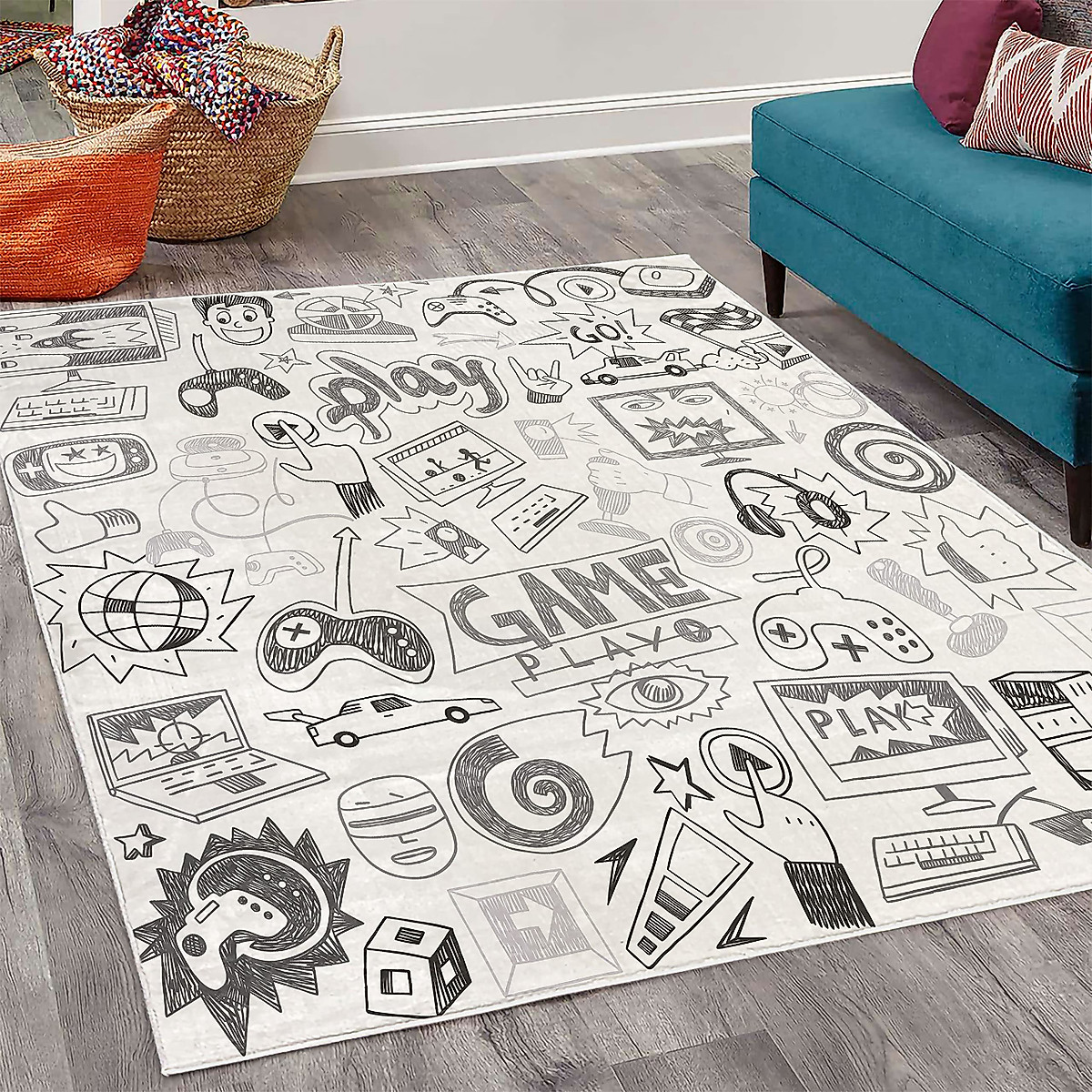 Ambesonne Video Games Decorative Rug, Monochrome Sketch Gaming Design Racing Monitor Device Gadget Teen 90's, Quality Carpet for Bedroom Dorm and Living Room, 4' X 5' 5", Pale Grey