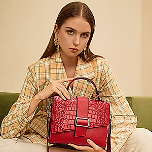 Small Top-handle Bags for Women, Genuine Leather Crocodile Skin Ladies Crossbody Bags with 2 Shoulder Straps Womens Small Satchel Purses and Handbags (Red)