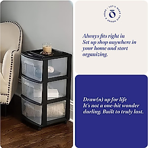 Homz Plastic 3 Clear Drawer Medium Home Organization Storage Container with 3 Large Drawers w/Removeable Wheels, Black Frame