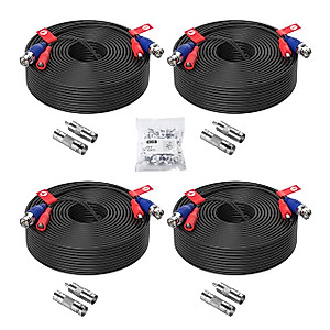 ZOSI 4 Pack 100ft (30 Meters) 2-in-1 Video Power Cable, BNC Extension Surveillance Camera Cables for Video Security Systems (Included 4X BNC Connectors and 4X RCA Adapters)