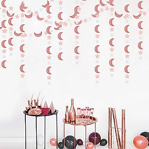 Pink Rose-Gold Moon-Star Party-Decorations Garland - 52Ft Twinkle Little Star Hanging Decoration Streamers Banner, Eid Ramadan Mubarak Decoration Birthday Wedding Baby Shower Party Decor Panduola