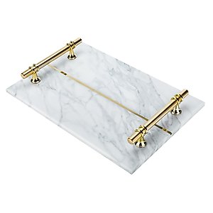 HighFree Marble Stone Decorative Tray, Luxurious Handmade Nightstand Tray with Copper-Color Metal Handles for Counter, Vanity, Dresser, Nightstand and Desk