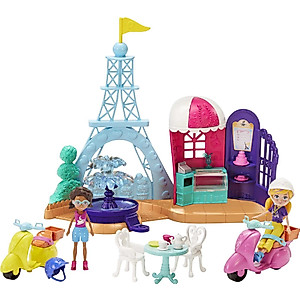 Polly Pocket Perfectly Paris Playset with 3-in Polly and Shani Dolls, 2 Scooters, 2 Helmets, Eiffel Tower, Fountain, Cafe, Table & 2 Chairs; For Ages 4 Years Old & Up [Amazon Exclusive]