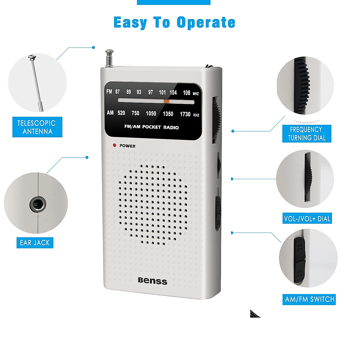 Benss Small Radios Portable AM FM, Transistor radios 2AA Battery Operated with Best Reception, Radio with Speaker & Headphone Jack, Pocket Radio for Indoor, Outdoor and Emergency Use(White)