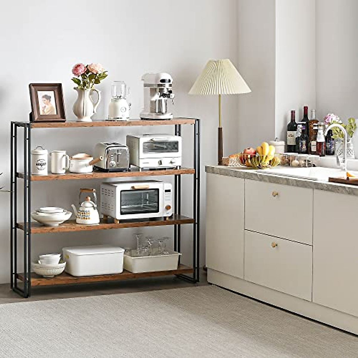 Bookshelf,4-Tier Industrial Bookcase,Rustic Wood and Metal Open Display Book Shelves Home Office,Bedroom Standing Shelf Unit,Horizontal Kitchen Shelf Organizer,Bathroom Storage Rack Mid Century 47in