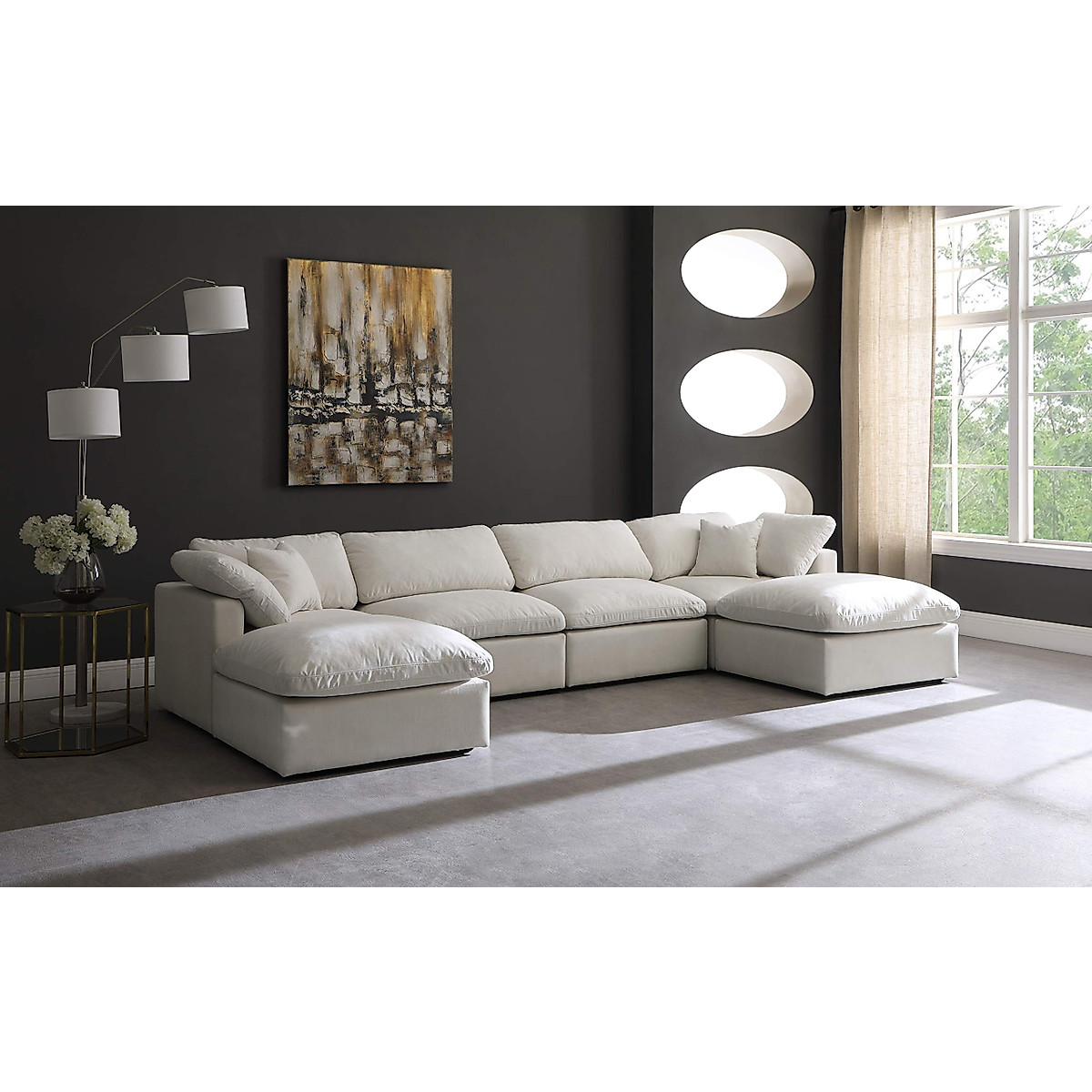 Meridian Furniture 602Cream-Sec6B Plush Collection Contemporary Down Filled Comfort Overstuffed Velvet Upholstered Modular U-Shaped Sectional 4-Seater and 2 Ottomans Cream