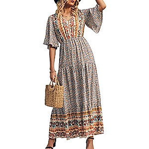 PRETTYGARDEN Women's Casual Summer Boho Floral Print Dress V Neck Short Sleeve High Waist Long Maxi Beach Dresses (White Floral,Medium)