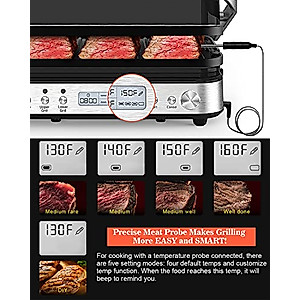 6 in 1 Indoor Grill with Waffle Plates, Panini Press Grill Sandwich Maker, CATTLEMAN CUISINE Electric Contact Grill and Griddle with Removable Nonstick Grill Plates, Smart Probe, LCD Display, 1600W