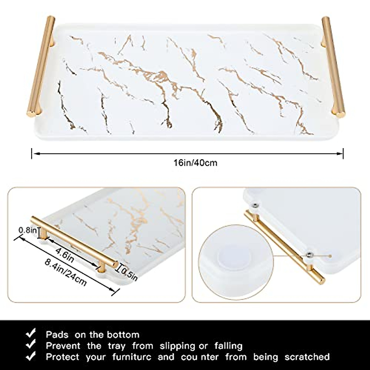 Ottoman Coffee Table Serving Tray, Large White Ceramic Decorative Trays for Coffee Table, Entryway Table, Console Table, Kitchen Island, Organizer Vanity Tray for Jewelry & Perfume (Gold Foiling)