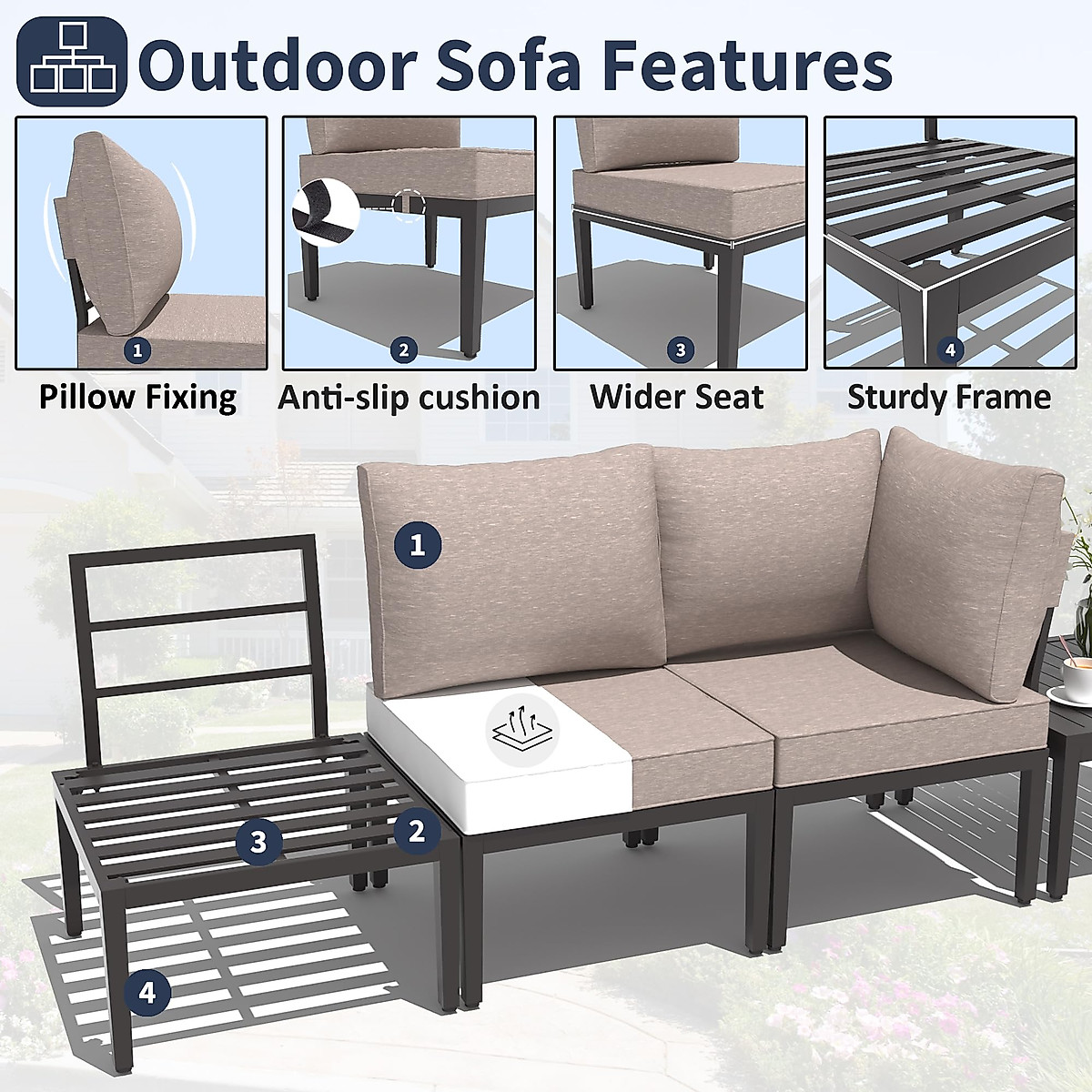 Rwnnad Modern Patio Furniture Set, 15 Pieces Modern Patio Conversation Set w/43in Gas Fire Pit Table, Outdoor Metal Sectional Sofa with Coffee Table, Sand