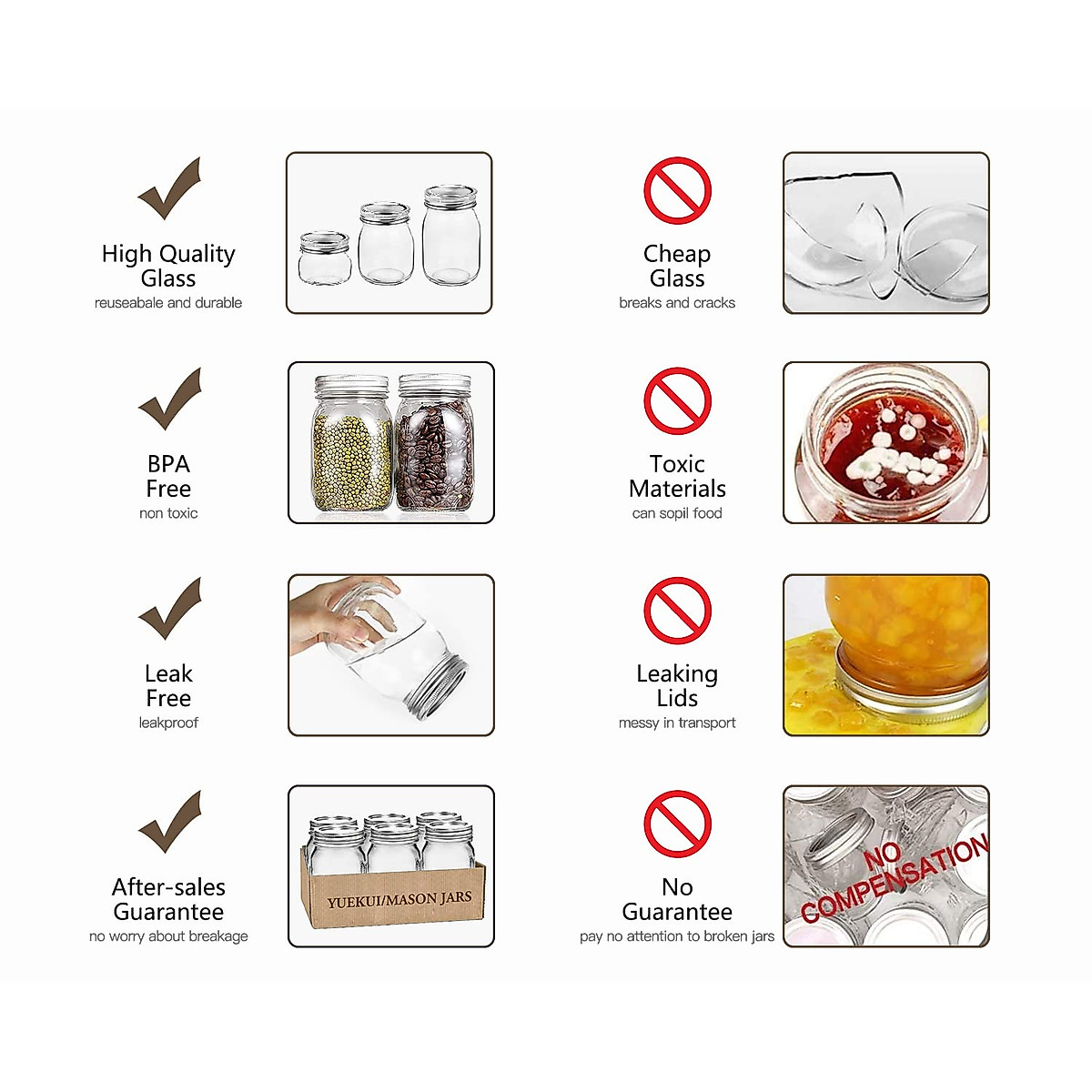 YUEKUI 6 PCS Mason Jars with 70mm Regular-Mouth Glass Canning Jars, clear glass jars with Silver Metal Lids for Jelly, Sara,Bird’s Nest, Jam, Milk Tea,wedding-gifts,as an element of interior(2pcs 4.8oz/2pcs 8oz/2pcs 16oz)