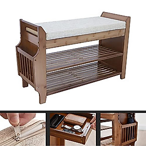 ZHFEISY Shoe Bench 2 Tier Shoe Rack Bamboo 6 Pairs Shoes with Sponge Cushion Storage Basket Shoe Rack Bench Organizer Brown for Home Living Room Entryway
