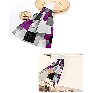 2 PCS Kitchen Hand Towels, Purple Geometry Soft Plush Hanging Tie Towels with Loop for Kitchen Bathroom Dish Cloth Tea Bar Towel Modern Abstract Art Ombre Black Grey