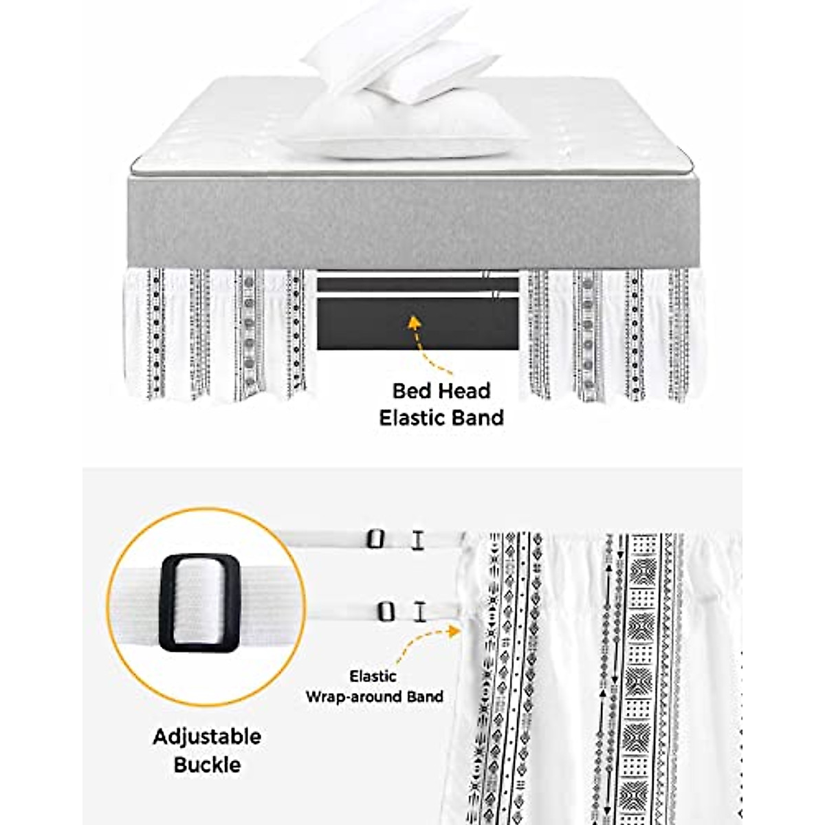 Boho Bed Skirt King Size 18 Inch Drop, Adjustable & Elastic Wrap Around Bed Skirts Pleated Luxury Dust Ruffles for Twin Full Queen Cal King Base Bed, Casual Geometric Tribal Modern Black White