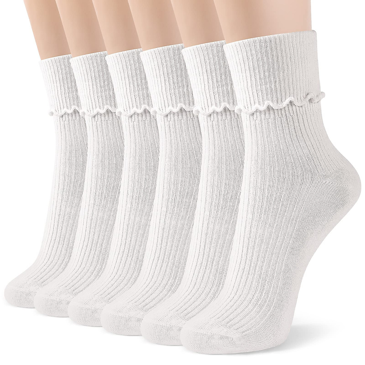 BOOPH 6 Pairs Girls Socks Ruffle Baby Frilly Turn cuff Socks White 4-6 Years