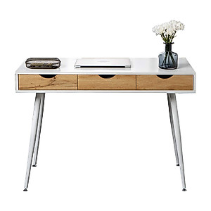 soges Mid Century Desk with Drawers, 3-Drawer Writing Study Desk, 43.3 inches Home Office Computer Desk for Small Space, Multifunctional Vanity Table Desk, White