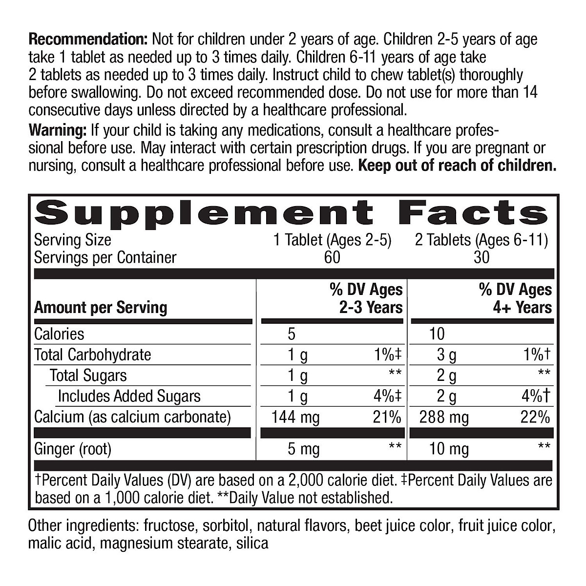 Nature's Way Kids Tummy Soothe with Calcium & Ginger, For Occasional Tummy/Stomach Upset*, Berry Blast Flavored, 60 Vegan Chewable Tablets