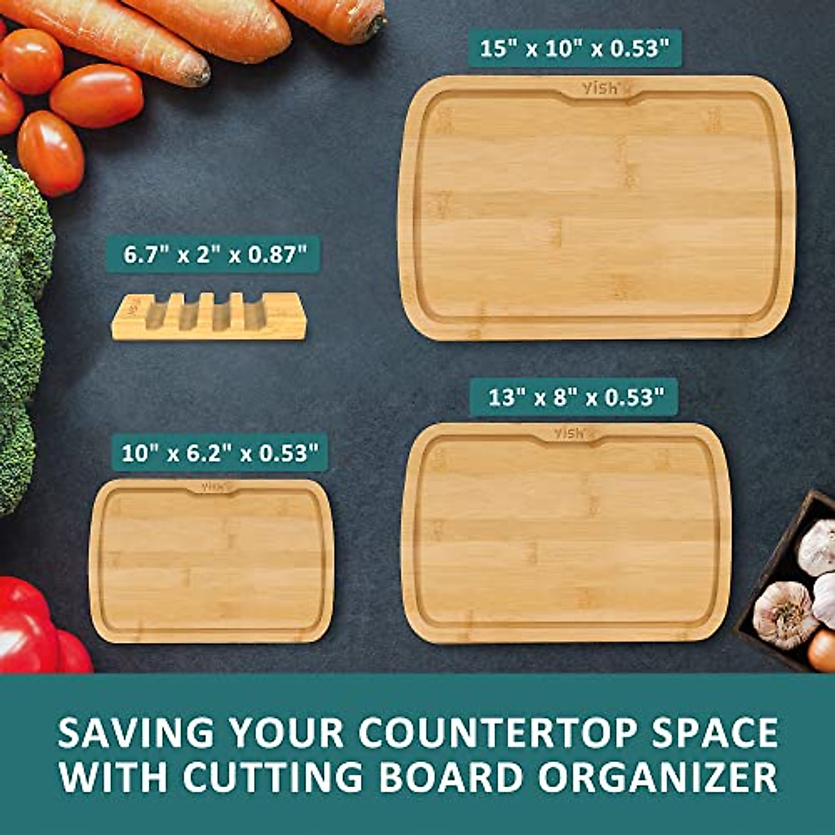 Bamboo Cutting Board Kitchen Chopping-Board: YISH Bamboo Chop Board Set of 3 With Juice Groove Wood Cutting Boards with Holder for Meat Vegetables - 15"x10" & 13"x8" & 10"x6.2"
