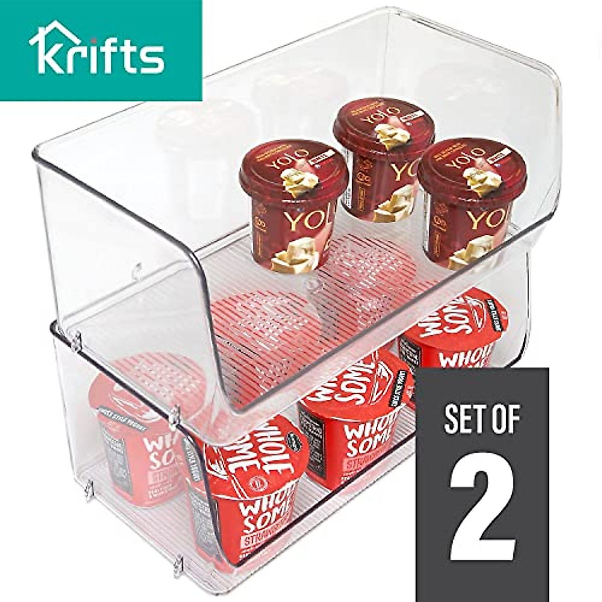 Clear Plastic Storage Bins(Set of 2) - Stackable Storage Organizer for Pantry, Kitchen Cabinet, Refrigerator, Office Desk, or Bathroom - Food Organizer Baskets with FREE Write-On Bin Labels