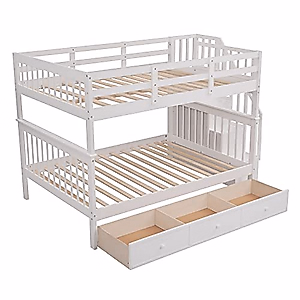 BIADNBZ Full Over Full Bunk Bed with Stairs Storage and Three Drawers, Detachable Stairway Wooden Bunkbeds Frame w/Guard Rail, for Kids Teens Adults Bedroom, White