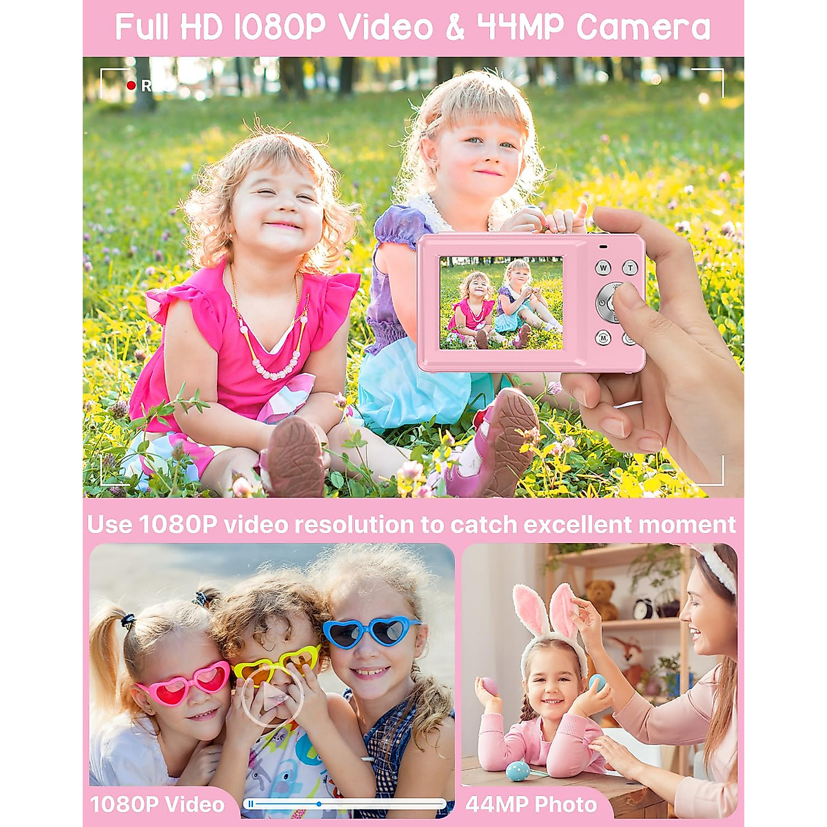 Digital Camera, FHD 1080P Kids Camera 44MP Compact Digital Camera with 32GB Card, 1 Batteries 16X Digital Zoom Point and Shoot Digital Cameras Gift for Kids Boys Girls Teens (Pink)