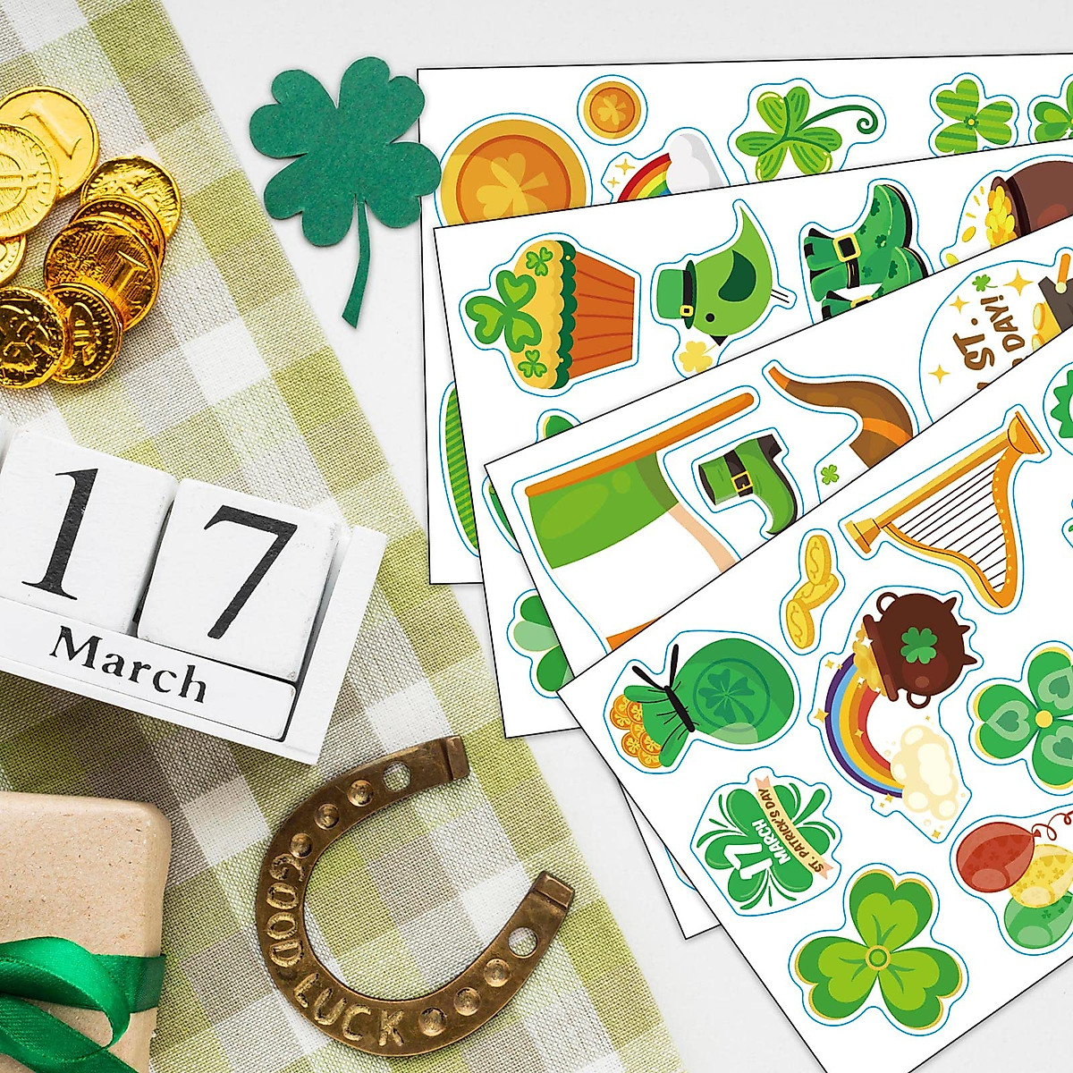 St.Patrick's Day Stickers Cute Shamrock Stickers Beer Party Decoration Sticker Irish Day Cake Baking Decoration Gold Coins Labels Stickers