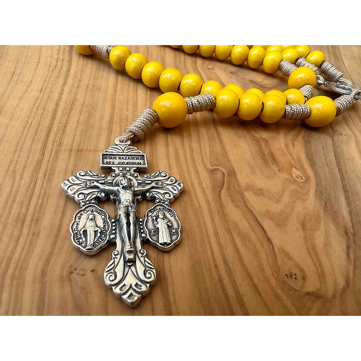 Yellow Wooden Prayer Beads Rosary With Pardon Crucifix Pendant Immaculate Heart Of Mary