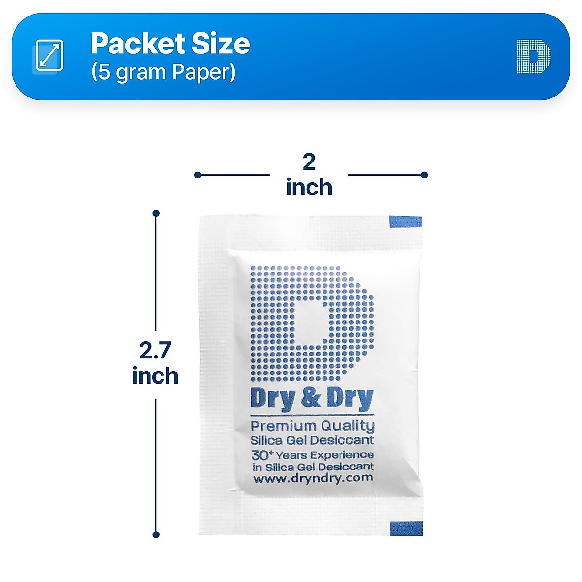 Dry & Dry 5 Gram [50 Packets] Premium Pure and Safe Silica Gel Packets Desiccant Dehumidifiers, Silica Gel Packs - Rechargeable (Food Safe) Moisture Absorbers, Desiccant Packets