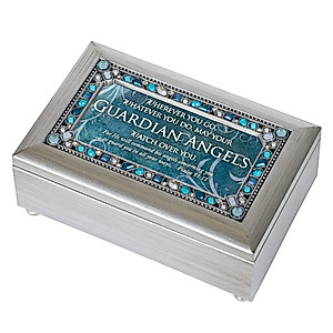 Cottage Garden Guardian Angels Watch Over You Brushed Silvertone Jewelry Music Box Plays Amazing Grace