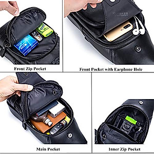 BULLCAPTAIN Genuine Leather Sling Bag with USB Charging Port Multi-pocket Chest Bag for Men Hiking Travel Daypack XB-129 (Black)