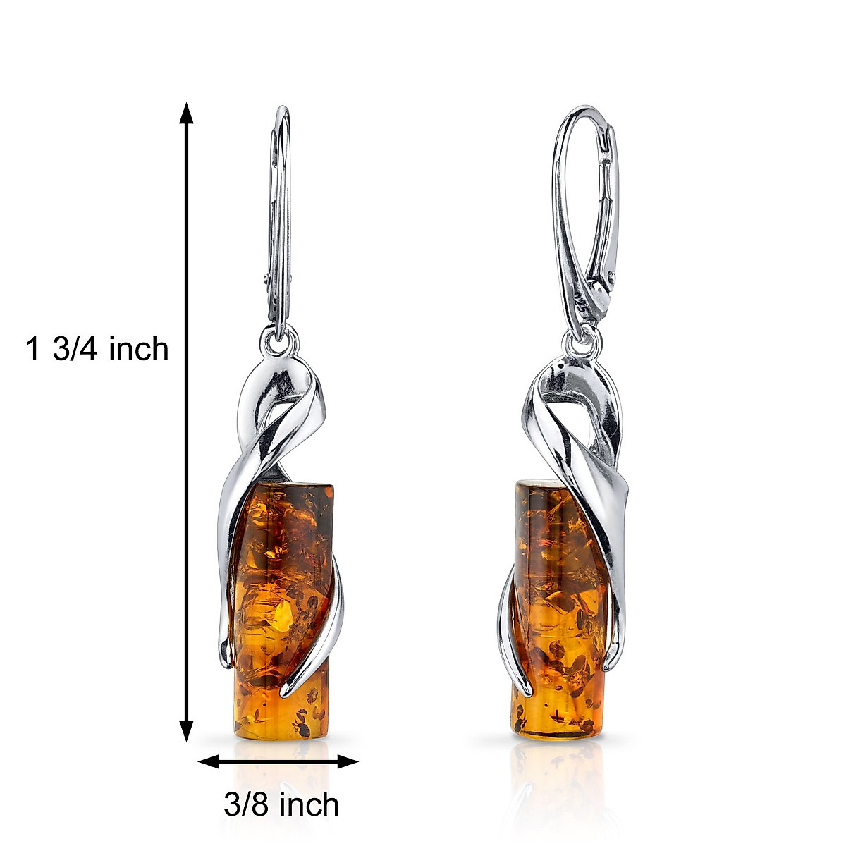 Peora Genuine Baltic Amber Dangle Earrings for Women 925 Sterling Silver, Cylindrical Drop Design, Rich Cognac Color, Lever backs