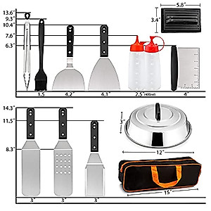 Leonyo 17 PCS Griddle Accessories, Stainless Steel BBQ Grill Accessories Tools with Hamburger Spatula Basting Cover Scraper Tongs, Metal Spatula Set for Outdoor Cast Iron Flat Top Teppanyaki Hibachi