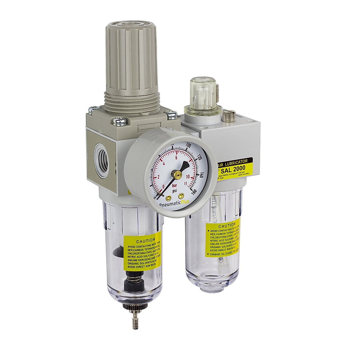 PneumaticPlus SAU2010M-N02G Mini Two-Unit Compressed Air Filter Regulator Lubricator Piggyback Combo 1/4" NPT - Poly Bowl, Manual Drain, Gauge