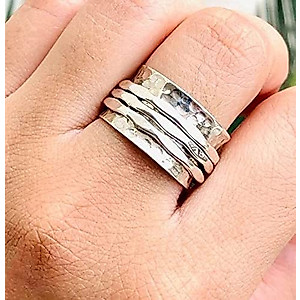 Spinner Ring Silver For Women Girls, 925 Sterling Silver Spinner Ring, Spin Ring, Three Tone Fidget Band Spinner Ring, Classic Hammered Meditaion Spinner Ring, Christmas Spinner Ring Size us 12