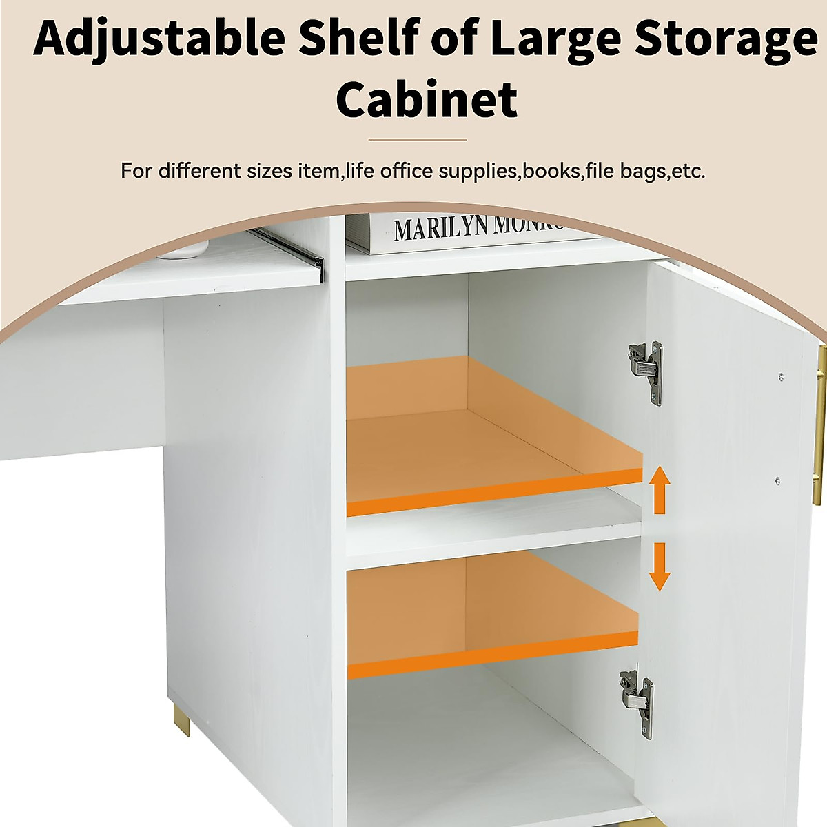 4 EVER WINNER White Desk with Storage, 55 Inch White and Gold Desk with Keyboard Tray, Wood Writing Study Table Home Office Desk with File Drawer, Storage Cabinet, Golden Handles, White