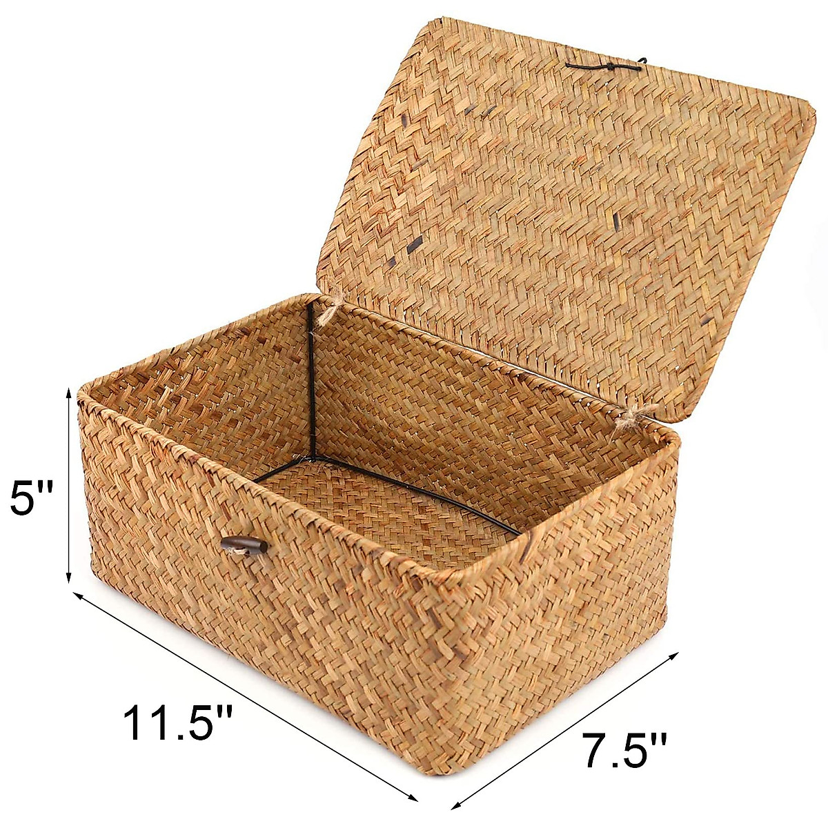 Yesland Handwoven Seagrass Rattan Storage Basket - 11.5'' x 7.5'' x 5'' - Brown Rectangular Makeup Organizer Container with Lid, Perfect for Decoration, Picnic, Groceries and Toy Storage